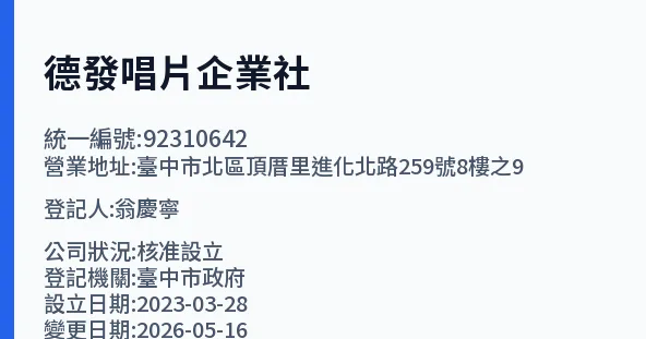 德發唱片企業社的照片-統編 92310642(臺中市) 公司登記資料與營業項目詳細圖表