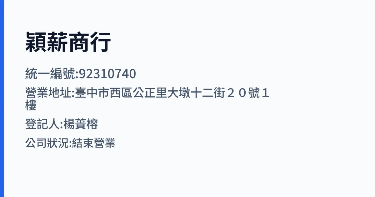 穎薪商行 - 統編 92310740(臺中市) 公司登記資料與營業項目詳細圖表