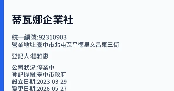 蒂瓦娜企業社的照片-統編 92310903(臺中市) 公司登記資料與營業項目詳細圖表