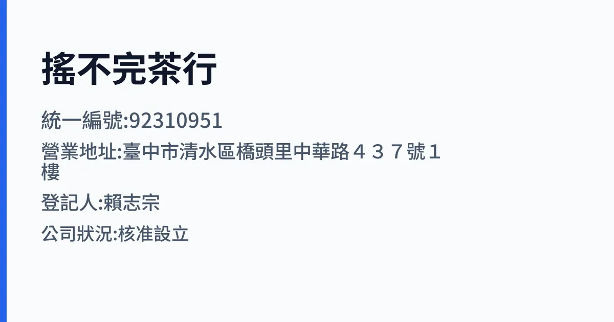 搖不完茶行 - 統編 92310951(臺中市) 公司登記資料與營業項目詳細圖表