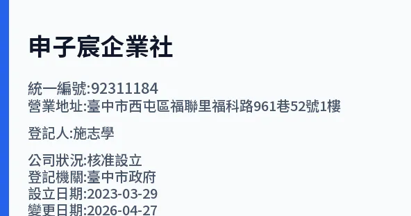 申子宸企業社的照片-統編 92311184(臺中市) 公司登記資料與營業項目詳細圖表