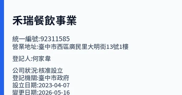 禾瑞餐飲事業的照片-統編 92311585(臺中市) 公司登記資料與營業項目詳細圖表