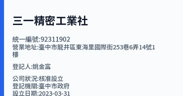 三一精密工業社的照片-統編 92311902(臺中市) 公司登記資料與營業項目詳細圖表