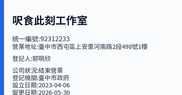 呎食此刻工作室的照片-統編 92312233(臺中市) 公司登記資料與營業項目詳細圖表