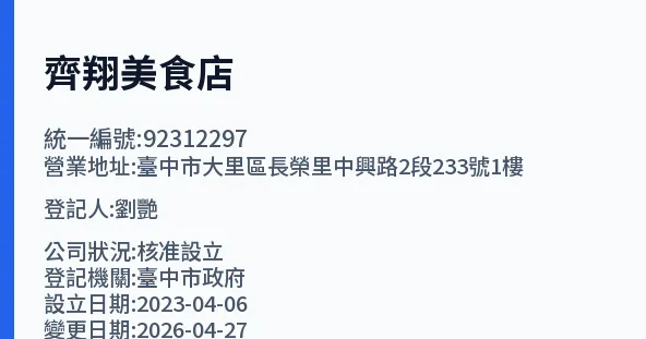 齊翔美食店的照片-統編 92312297(臺中市) 公司登記資料與營業項目詳細圖表