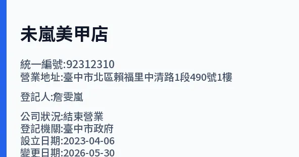 未嵐美甲店的照片-統編 92312310(臺中市) 公司登記資料與營業項目詳細圖表