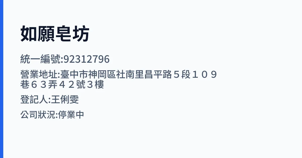 如願皂坊 - 統編 92312796(臺中市) 公司登記資料與營業項目詳細圖表