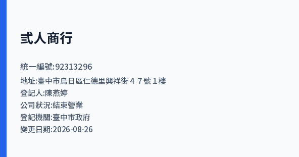弎人商行的照片-統編 92313296(臺中市) 公司登記資料與營業項目詳細圖表