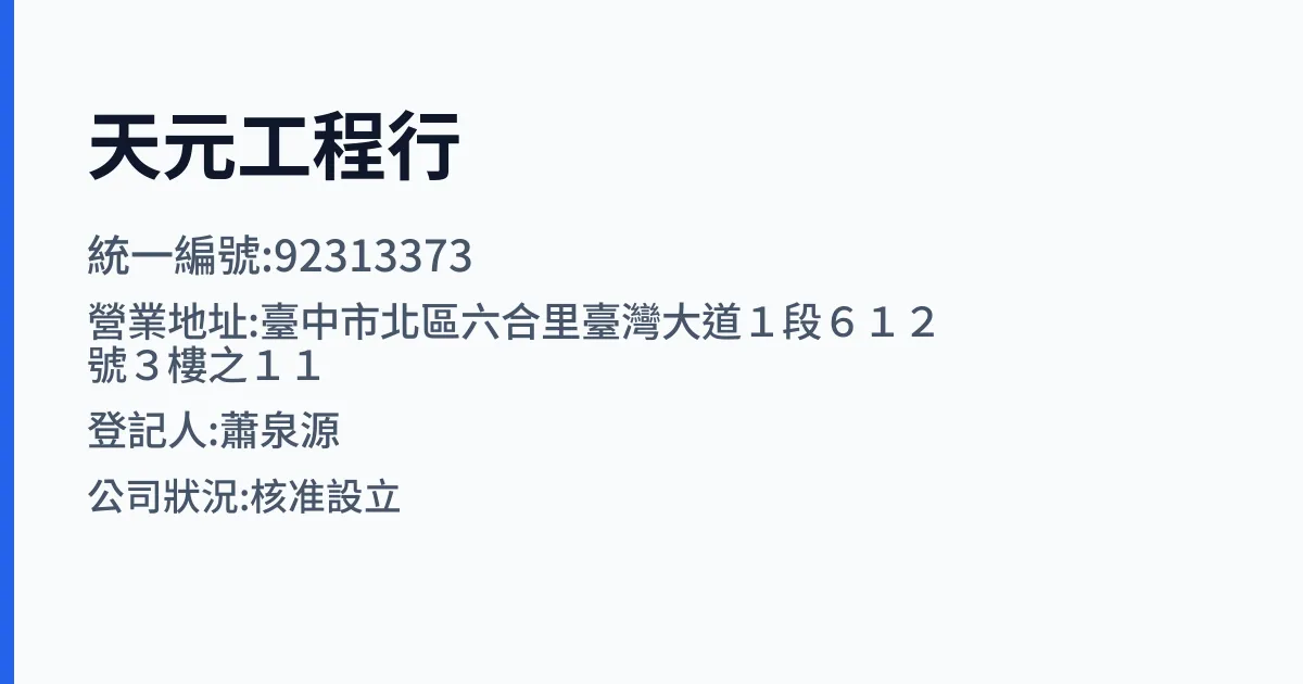 天元工程行 - 統編 92313373(臺中市) 公司登記資料與營業項目詳細圖表