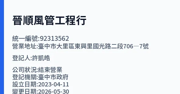 晉順風管工程行的照片-統編 92313562(臺中市) 公司登記資料與營業項目詳細圖表