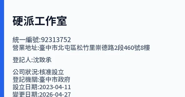 硬派工作室的照片-統編 92313752(臺中市) 公司登記資料與營業項目詳細圖表