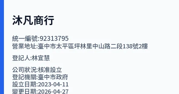 沐凡商行的照片-統編 92313795(臺中市) 公司登記資料與營業項目詳細圖表