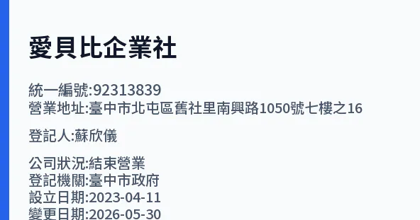 愛貝比企業社的照片-統編 92313839(臺中市) 公司登記資料與營業項目詳細圖表