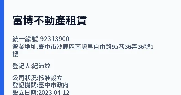 富博不動產租賃的照片-統編 92313900(臺中市) 公司登記資料與營業項目詳細圖表