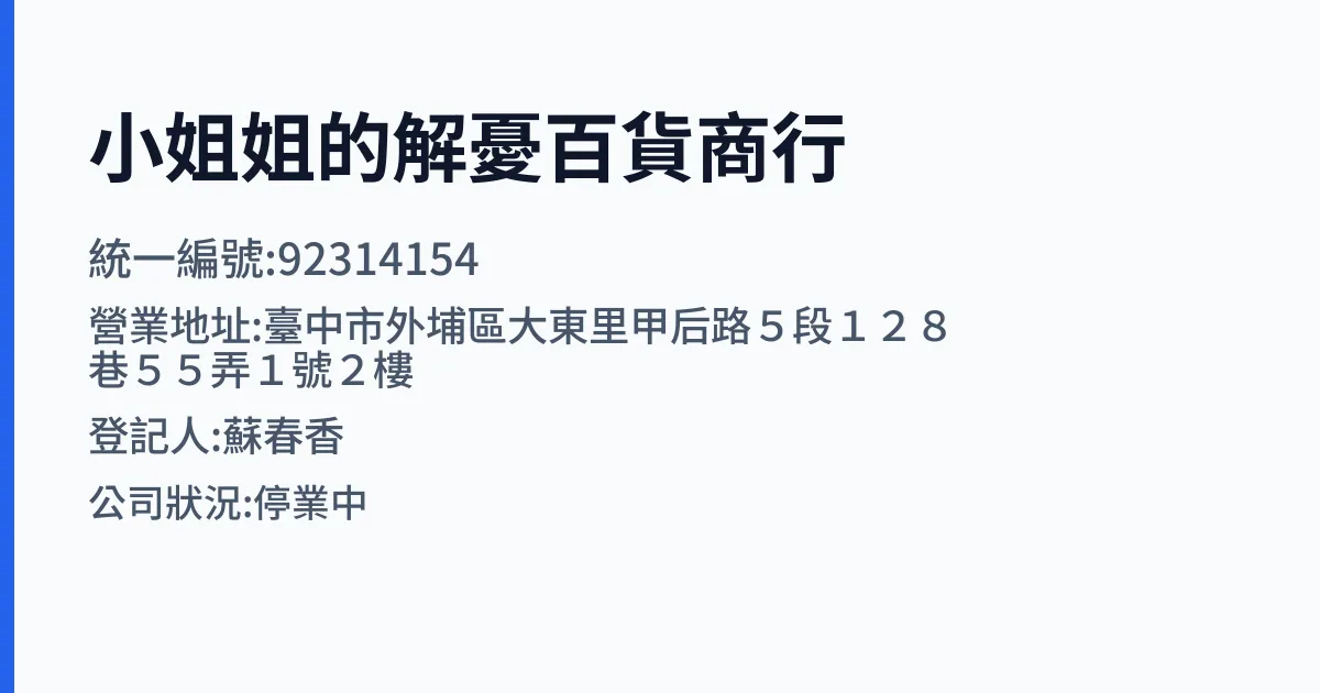小姐姐的解憂百貨商行 - 統編 92314154(臺中市) 公司登記資料與營業項目詳細圖表