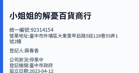 小姐姐的解憂百貨商行的照片-統編 92314154(臺中市) 公司登記資料與營業項目詳細圖表