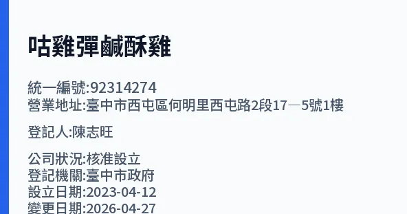 咕雞彈鹹酥雞的照片-統編 92314274(臺中市) 公司登記資料與營業項目詳細圖表