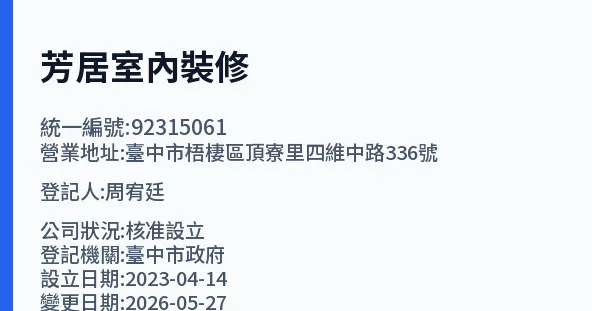 芳居室內裝修的照片-統編 92315061(臺中市) 公司登記資料與營業項目詳細圖表