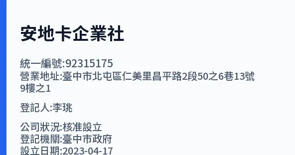 安地卡企業社的照片-統編 92315175(臺中市) 公司登記資料與營業項目詳細圖表
