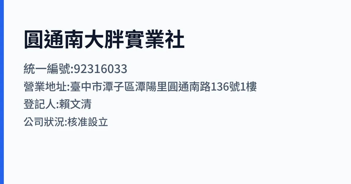 圓通南大胖實業社 - 統編 92316033(臺中市) 公司登記資料與營業項目詳細圖表