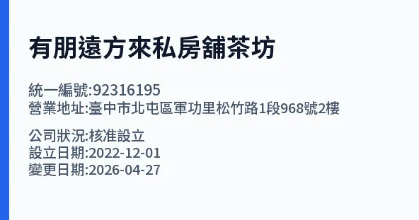 有朋遠方來私房舖茶坊的照片-統編 92316195(臺中市) 公司登記資料與營業項目詳細圖表