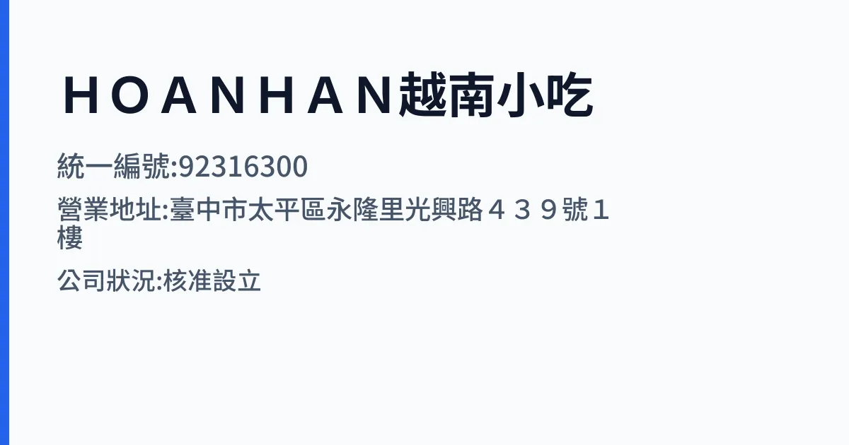 ＨＯＡＮＨＡＮ越南小吃 - 統編 92316300(臺中市) 公司登記資料與營業項目詳細圖表