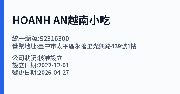 HOANH AN越南小吃的照片-統編 92316300(臺中市) 公司登記資料與營業項目詳細圖表