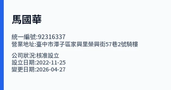 馬國華的照片-統編 92316337(臺中市) 公司登記資料與營業項目詳細圖表