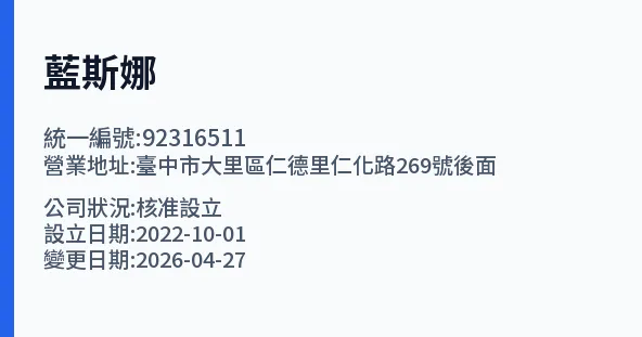 藍斯娜的照片-統編 92316511(臺中市) 公司登記資料與營業項目詳細圖表