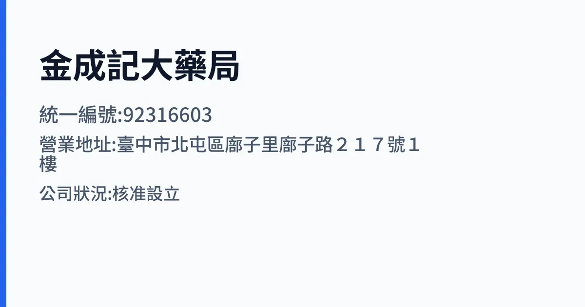 金成記大藥局 - 統編 92316603(臺中市) 公司登記資料與營業項目詳細圖表