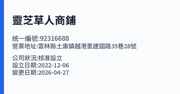 靈芝草人商鋪的照片-統編 92316688(雲林縣) 公司登記資料與營業項目詳細圖表