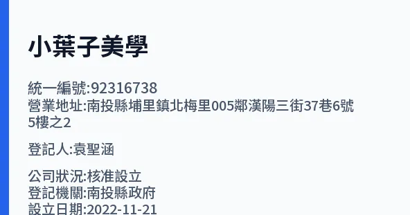 小葉子美學的照片-統編 92316738(南投縣) 公司登記資料與營業項目詳細圖表