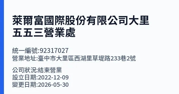 萊爾富國際股份有限公司大里五五三營業處的照片-統編 92317027(臺中市) 公司登記資料與營業項目詳細圖表