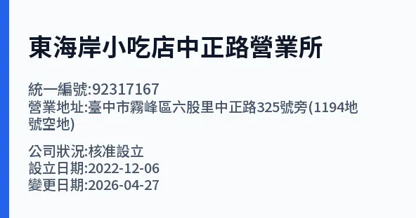 東海岸小吃店中正路營業所的照片-統編 92317167(臺中市) 公司登記資料與營業項目詳細圖表