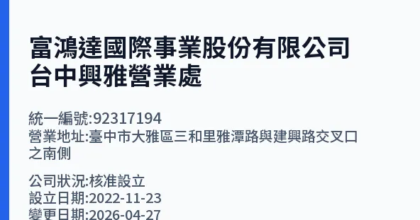 富鴻達國際事業股份有限公司台中興雅營業處的照片-統編 92317194(臺中市) 公司登記資料與營業項目詳細圖表