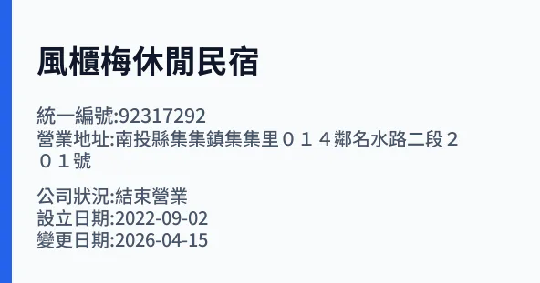 風櫃梅休閒民宿的照片-統編 92317292(南投縣) 公司登記資料與營業項目詳細圖表