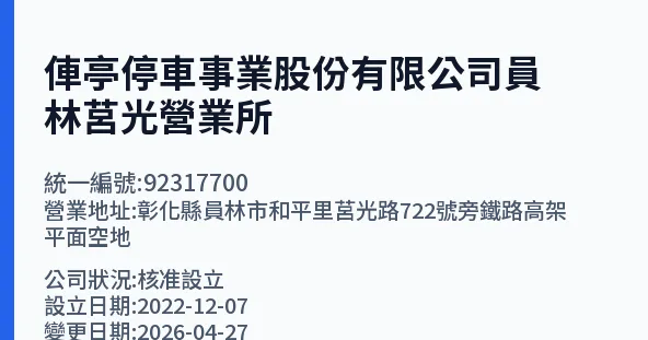 俥亭停車事業股份有限公司員林莒光營業所的照片-統編 92317700(彰化縣) 公司登記資料與營業項目詳細圖表