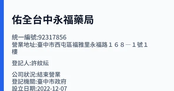 佑全台中永福藥局的照片-統編 92317856(臺中市) 公司登記資料與營業項目詳細圖表