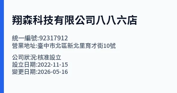 翔森科技有限公司八八六店的照片-統編 92317912(臺中市) 公司登記資料與營業項目詳細圖表