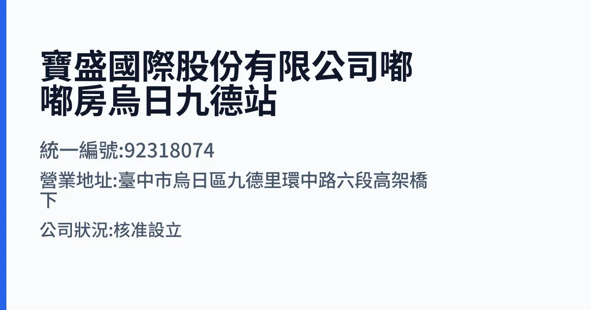 寶盛國際股份有限公司嘟嘟房烏日九德站 - 統編 92318074(臺中市) 公司登記資料與營業項目詳細圖表