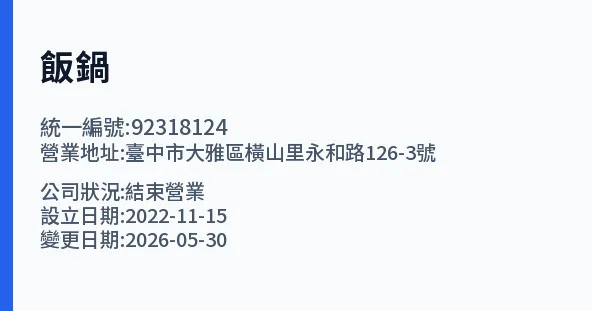 飯鍋的照片-統編 92318124(臺中市) 公司登記資料與營業項目詳細圖表
