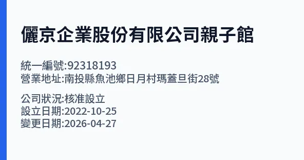 儷京企業股份有限公司親子館的照片-統編 92318193(南投縣) 公司登記資料與營業項目詳細圖表
