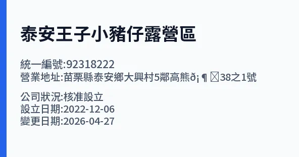 泰安王子小豬仔露營區的照片-統編 92318222(苗栗縣) 公司登記資料與營業項目詳細圖表