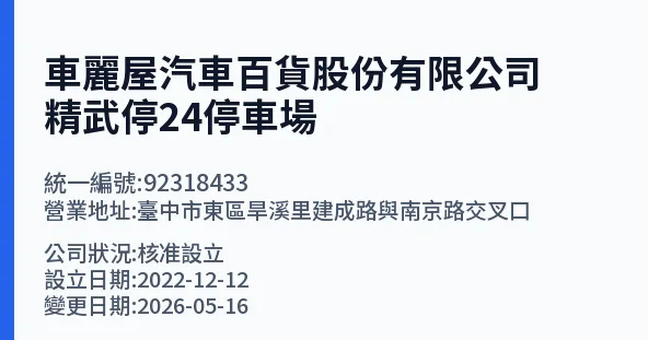 車麗屋汽車百貨股份有限公司精武停24停車場的照片-統編 92318433(臺中市) 公司登記資料與營業項目詳細圖表
