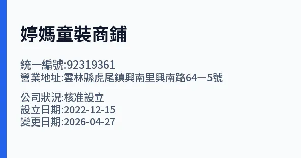 婷媽童裝商鋪的照片-統編 92319361(雲林縣) 公司登記資料與營業項目詳細圖表
