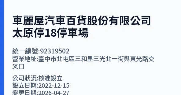 車麗屋汽車百貨股份有限公司太原停18停車場的照片-統編 92319502(臺中市) 公司登記資料與營業項目詳細圖表