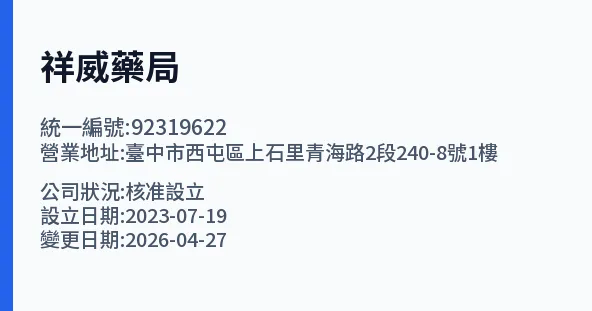 祥威藥局的照片-統編 92319622(臺中市) 公司登記資料與營業項目詳細圖表