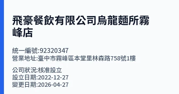 飛豪餐飲有限公司烏龍麵所霧峰店的照片-統編 92320347(臺中市) 公司登記資料與營業項目詳細圖表