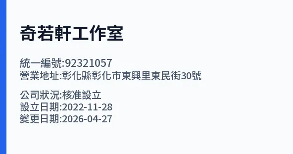 奇若軒工作室的照片-統編 92321057(彰化縣) 公司登記資料與營業項目詳細圖表