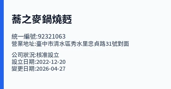 蕎之麥鍋燒麫的照片-統編 92321063(臺中市) 公司登記資料與營業項目詳細圖表